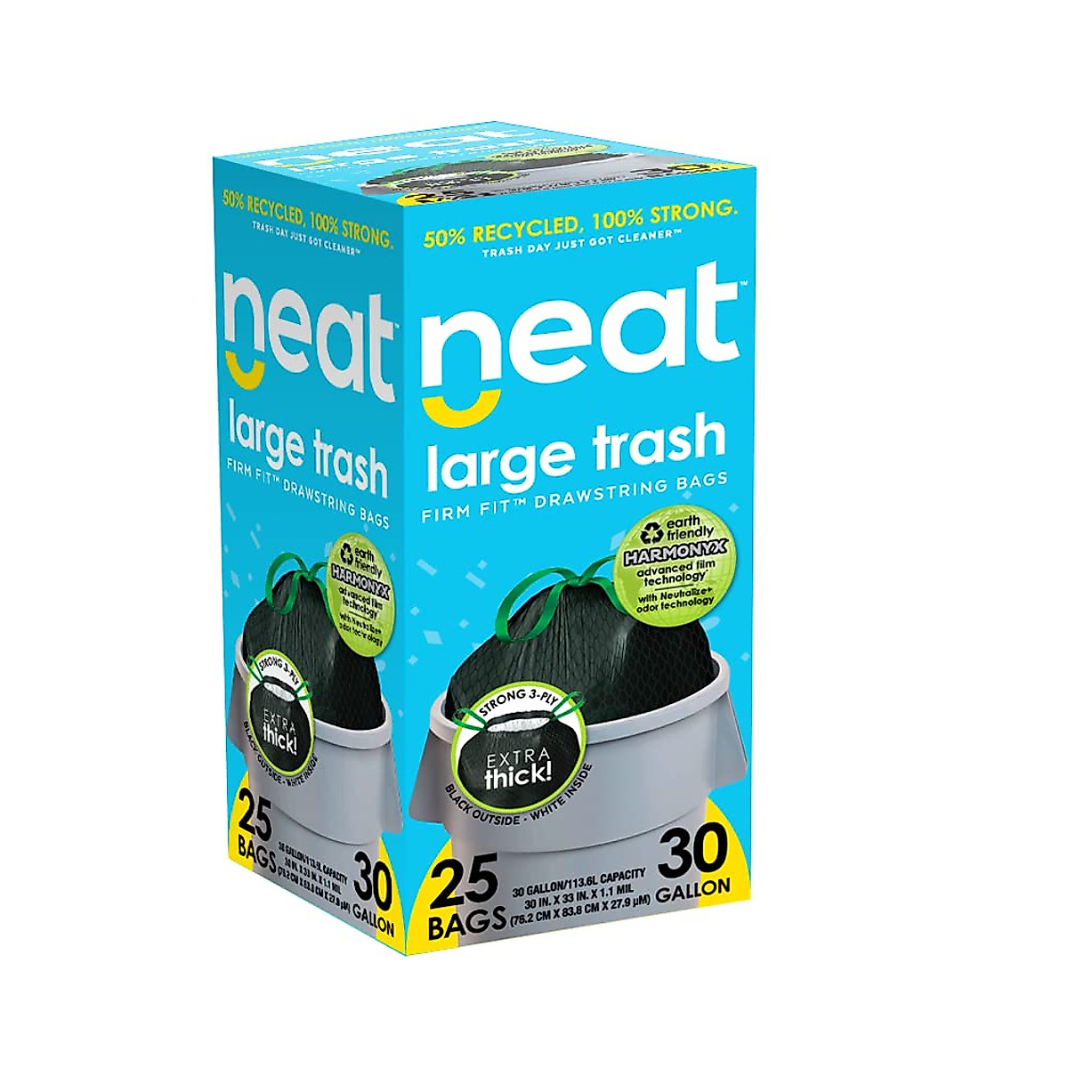 Neat Tall Kitchen 30 Gallon Drawstring Trash Bags - (25 COUNT) - Triple Ply Fortified, Eco-Friendly 50% Recycled Material, Neutralize+ Odor Technology, Reversible Black and White Garbage Bags