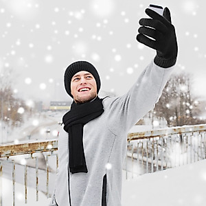 Winter Beanie Hat Gloves Scarf Set for Men, Warm Fleece Knitted Hat Scarf Touchscreen Gloves and Wool Socks (Black)