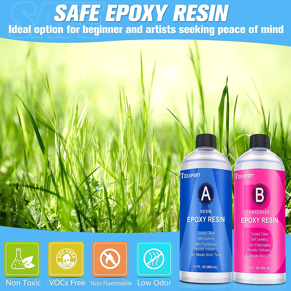 Teexpert Epoxy Resin Crystal Clear: 34oz Epoxy Resin kit 3X Yellowing Resistant Fast Curing for Casting Coating Art DIY Craft Jewelry Wood Table - 2 Part(17oz Resin and 17oz Hardener)