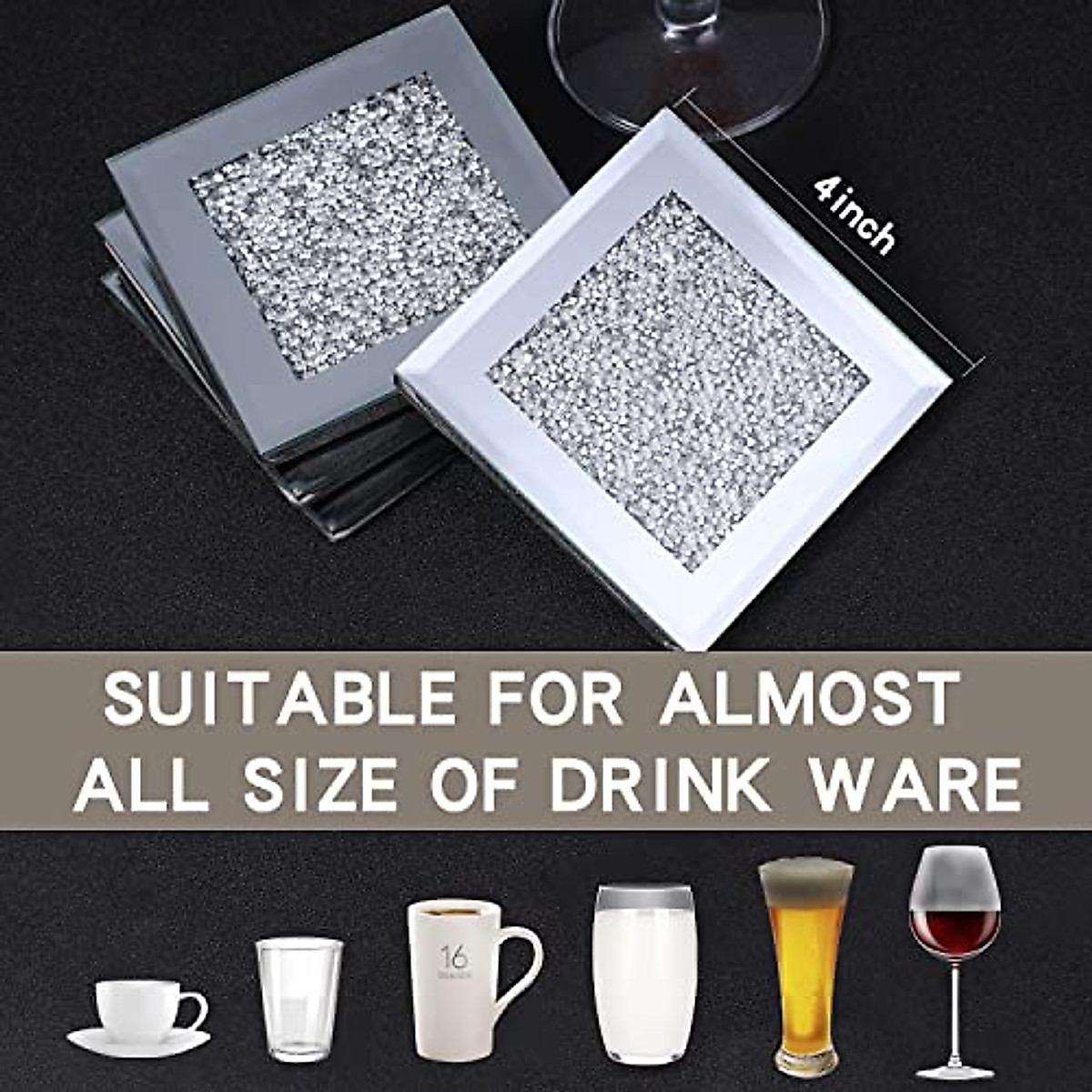 Diamond Glass Coasters for Coffee Table - Crystal Coasters for Drinks, Cup Coaster Set Silver Decor for Bar and Home Parties (4x4 inch, Square Silver)