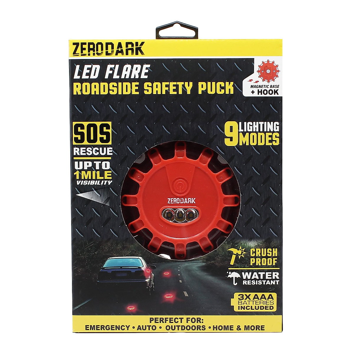 ZeroDark Road Flares LED Flashing Warning Light Emergency Roadside Safety Disc Highlights With Magnetic Base & Hook For Vehicles & Boat 1Pack