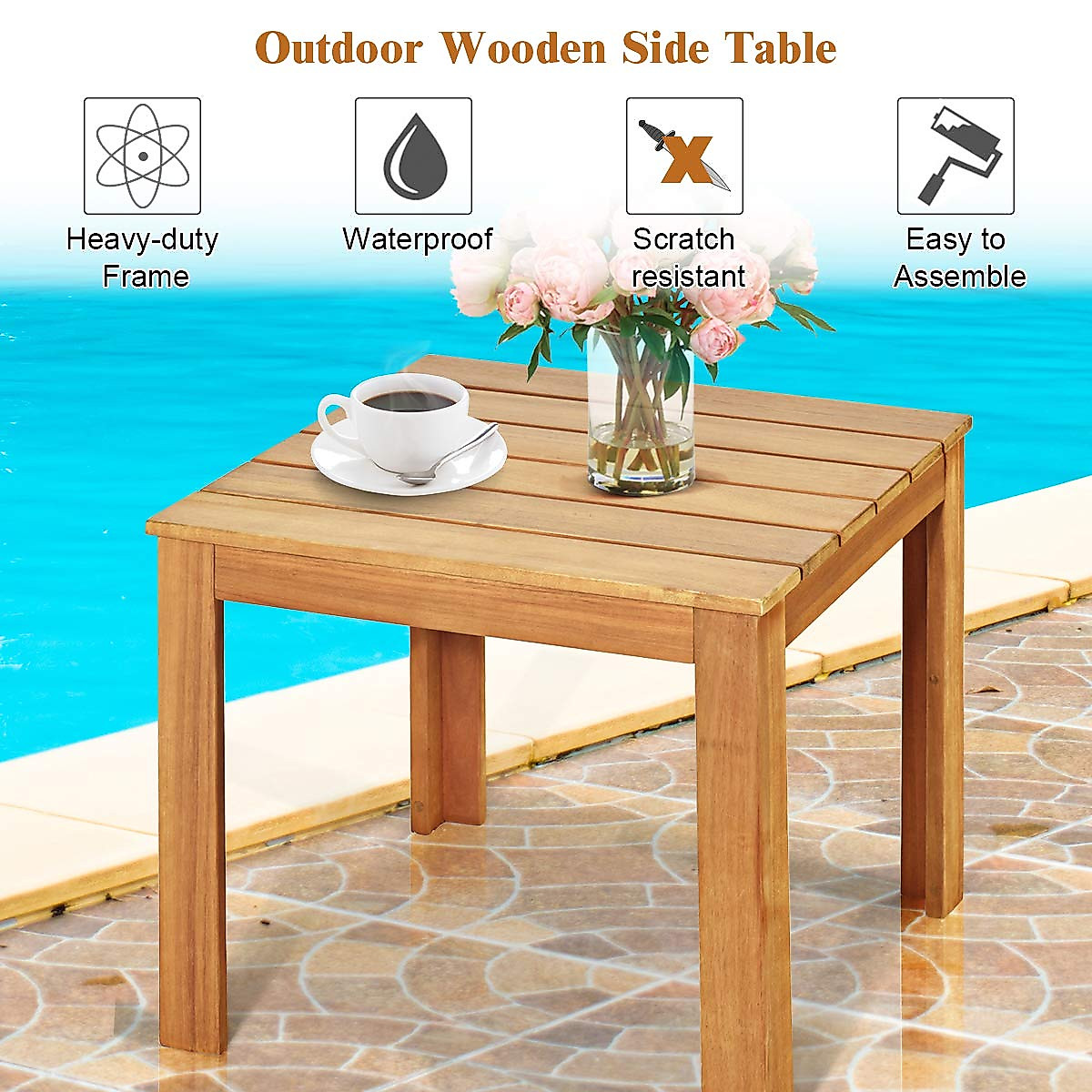 Giantex Outdoor Side Table Set of 2, Acacia Wood Adirondack End Tables W/Oil Finished, 220lbs Weight Capacity, Square for Patio, Backyard, Garden, Poolside & Balcony (2, Natural)