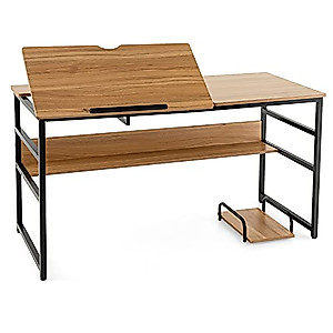 Tangkula 55-Inch Computer Desk, Drafting Table with Tiltable Desktop for Drawing Writing Reading Studying, Multifunctional Art Desk Craft Workstation with CPU Stand & Storage Shelf for Home Office