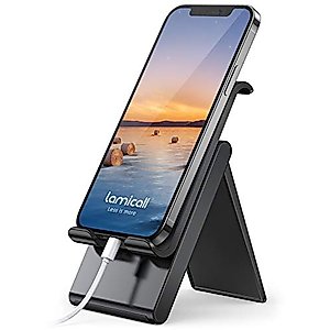 Lamicall Adjustable Cell Phone Stand - Foldable Portable Holder Cradle for Desk, Desktop Charging Dock Compatible with Phone 12 Mini 11 Pro XS Max XR X 8 7 6S Plus Galaxy S10 S9 S8 Smartphones Black