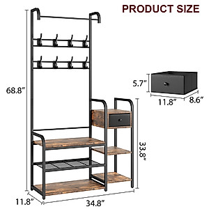 IDEALHOUSE Hall Tree Storage Bench for Entryway, Coat Rack Shoe Bench with Storage Drawer, 5-in-1 Coat Rack Storage Shelf and 8 Hooks, Coat Tree for Small Spaces, Entryway, Bedroom, Rustic Brown
