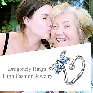 AOBOCO Blue Dragonfly 925 Sterling Silver Rings for Women Austrian Element Adjustable Open Wrap Rings Light Sapphire Jewelry Gift for Mom Grandma