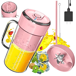 Portable Mini Blender for Shakes and Smoothies,12oz Personal Blender with Rechargeable USB, Made with BPA-Free Material Portable Juicer, 10 Blades (Pink)