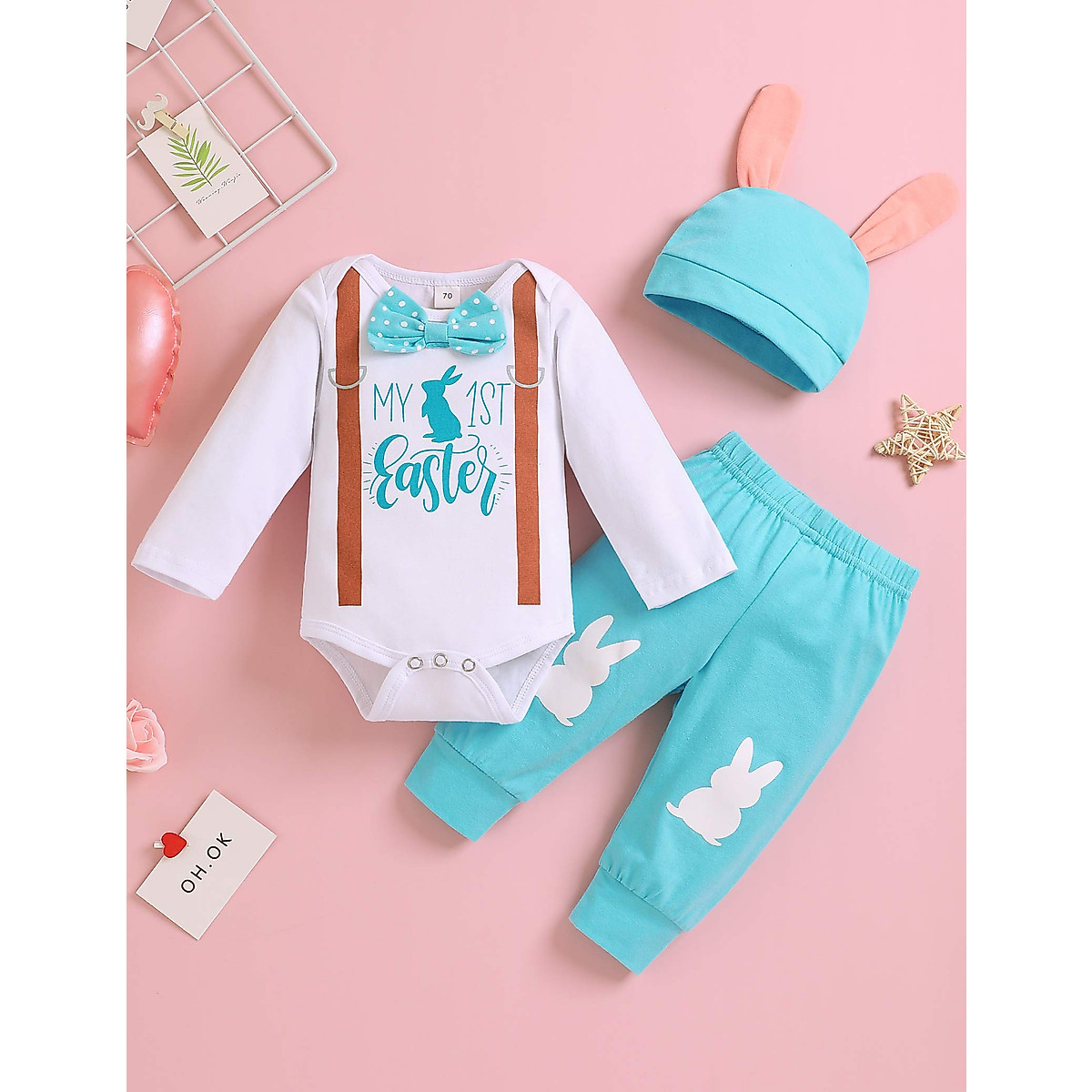 My First Easter Outfit Infant Baby Boy Long Sleeve Bow Tie Romper Bunny Pants with Hat Easter Clothes Sets Blue
