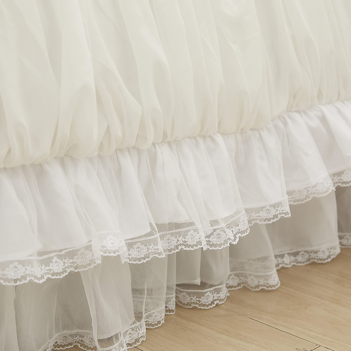 Softta Lace Duvet Cover Set White Bedding 100% Cotton 600 TC Farmhouse 4pcs Bedding Set Soft Romantic Ruffle Boho Flouncing Princess Duvet Cover with Pillowsham and Bedskirt California King