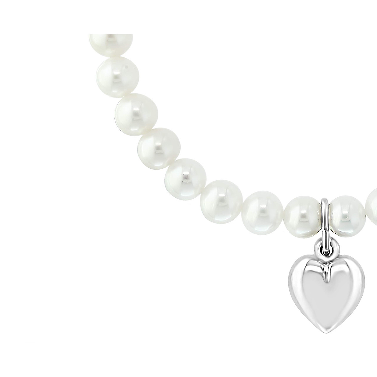 Blue Ocean Pearls .925 Sterling Silver & 6mm-6.5mm AAAA Round White & Pink Freshwater Cultured Pearl Bride & Bridesmaid Stretch Strand Charm Bracelet with Heart Charm - 7" (White)