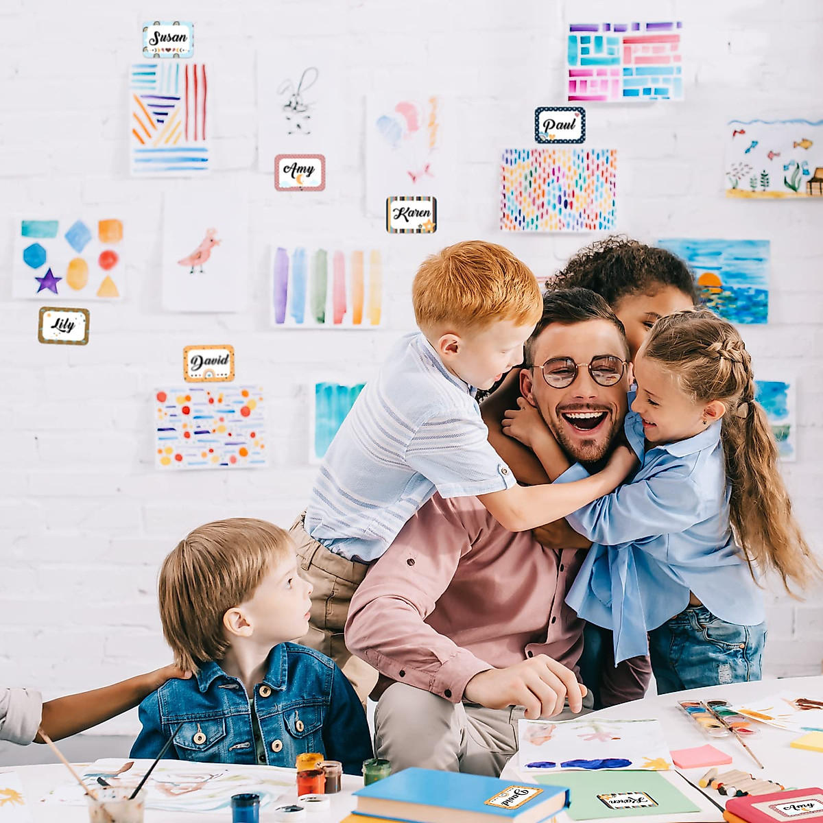 Nezyo 144 Pieces Rainbow Name Tag Stickers for Kids Students Rainbow Adhesive Name Stickers Tag Desk Labels in 6 Designs for Classroom School Office, 3.5 x 2.5 Inches (Modern Style)