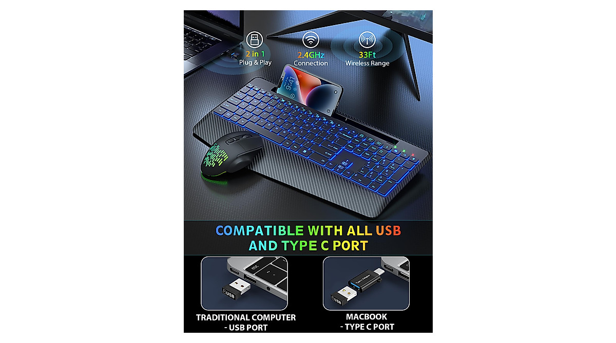 Ergonomic Wireless Keyboard & Mouse: Backlit, Jiggler, Silent
