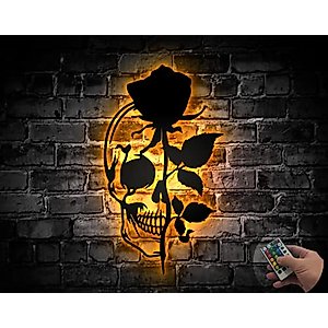 Skull With Rose Metal Wall Art With LED Lights, Flower Skull Signs, Sugar Skull, Skeleton Decor, Halloween Gothic Decor, Skull Roses Decor