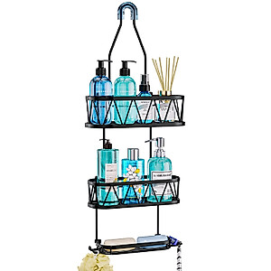 HapiRm Shower Caddy over Shower Head, Rustproof & Waterproof Home Decor with Soap Holder & 4 Hooks, No Drilling Hanging Shower Organizer for Bathroom - Black