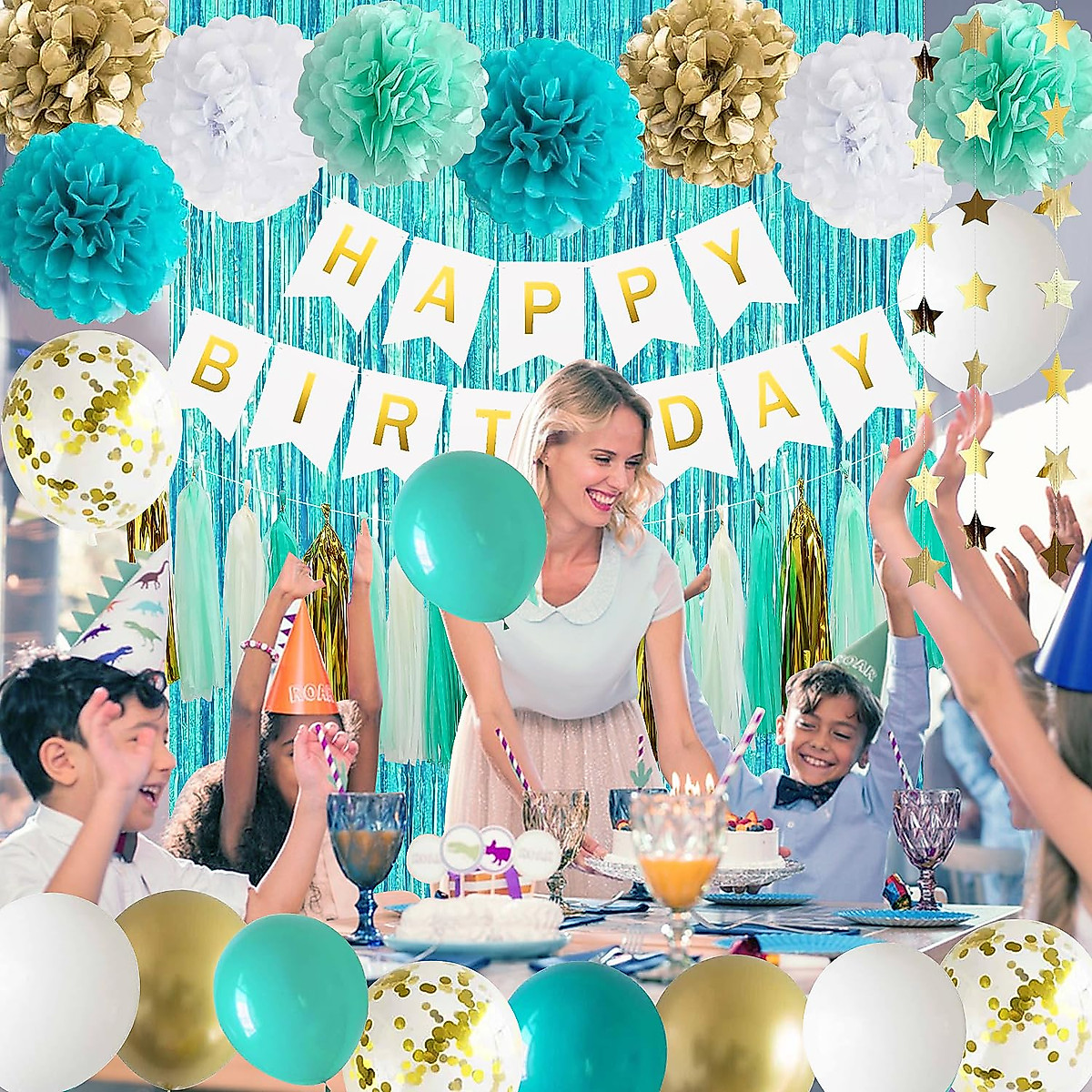 Teal Blue and Gold Birthday Party Decorations with Happy Birthday Banner,Foil Fringe Curtain,Tissue PomPoms,Star String Garland for Women Girls Party Decorations