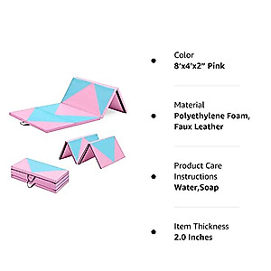 PanAme Folding Gymnastics Exercise Mats, 8’x4’x2” Thick Gymnastics Tumbling Mats, Lightweight Gymnastics Panel Mat with Carrying Handle for MMA, Yoga, Home Gym, Fitness(Pink&Blue)