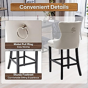 GOOLON Bar Stools Set of 2, Velvet 26 Inch Seat Height Counter Height Barstools with Back, Rivet Trim Bar Chairs for Kitchen Island Metal Pull Ring Wood Legs, Beige
