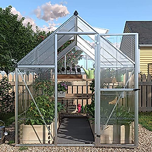 PAPAJET 6x12 FT Hybrid Polycarbonate Greenhouse 3 Vent Window with Lockable Hinged Door Walk-in Hobby Greenhouse Aluminum Hot House for Outdoor Garden Backyard Silver