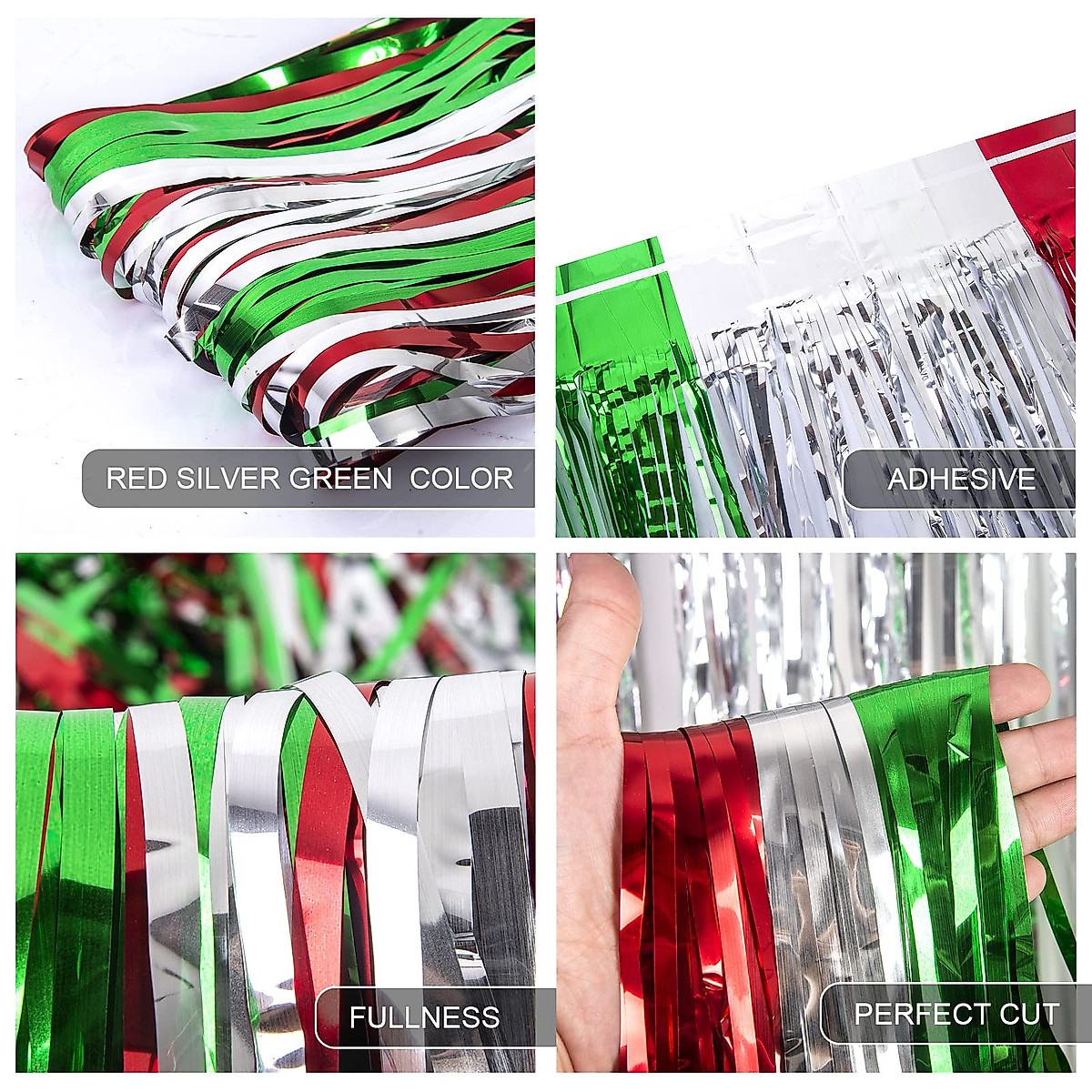 LOLStar 3 Pack Christmas Foil Fringe Curtains Christmas Party Decoration 3.3 x 6.6 ft Red Silver Green Tinsel Fringe Party Photo Backdrop Streamer Backdrop for Christmas, New Year, Ugly Sweater Party