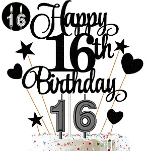 16th Birthday Cake Decorations Set Include 16th Birthday Candles Numeral 16 Cake Candles and Happy 16th Birthday Cake Toppers with Heart Star Cupcake Picks for Birthday Party (Black Series)