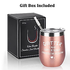 GINGPROUS Retirement Gifts For Women, Quitter I Mean Happy Retirement, Retirement Gifts for Coworker Colleague Office BFF, 12oz Insulated Stainless Steel Wine Tumbler with Lid and Straw, Rose Gold