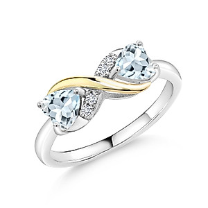 Gem Stone King 925 Sterling Silver and 10K Yellow Gold Sky Blue Aquamarine and White Lab Grown Diamond Ring For Women | 0.87 Cttw | Heart Shape 5MM | Available In Size 7, 8, 9, 10, 11, 12, 13