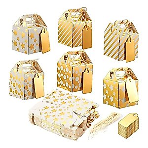 Juvale 36 Pack Mini Gold Treat Boxes for Wedding, Tiny 2x2x2 Favor Boxes with Tags and String (3 Patterns)