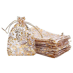 PH PandaHall 50pcs 5 x 7 Inches Golden Rose Flower Printed Organza Bags Jewelry Pouch Bags Wedding Favors Bag Organza Drawstring Pouches Wedding Favors Candy Gift Bags