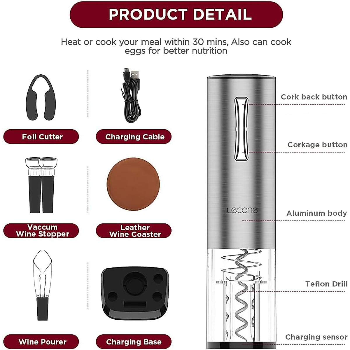 Electric Wine Bottle Opener, Lecone 8-in-1 Electric Wine Opener with Charging Base, Aerator & Pourer, Foil Cutter, 2 Vacuum Stoppers, Coaster & Ice Cubes, Stainless Steel Wine Opener Electric Gift Set