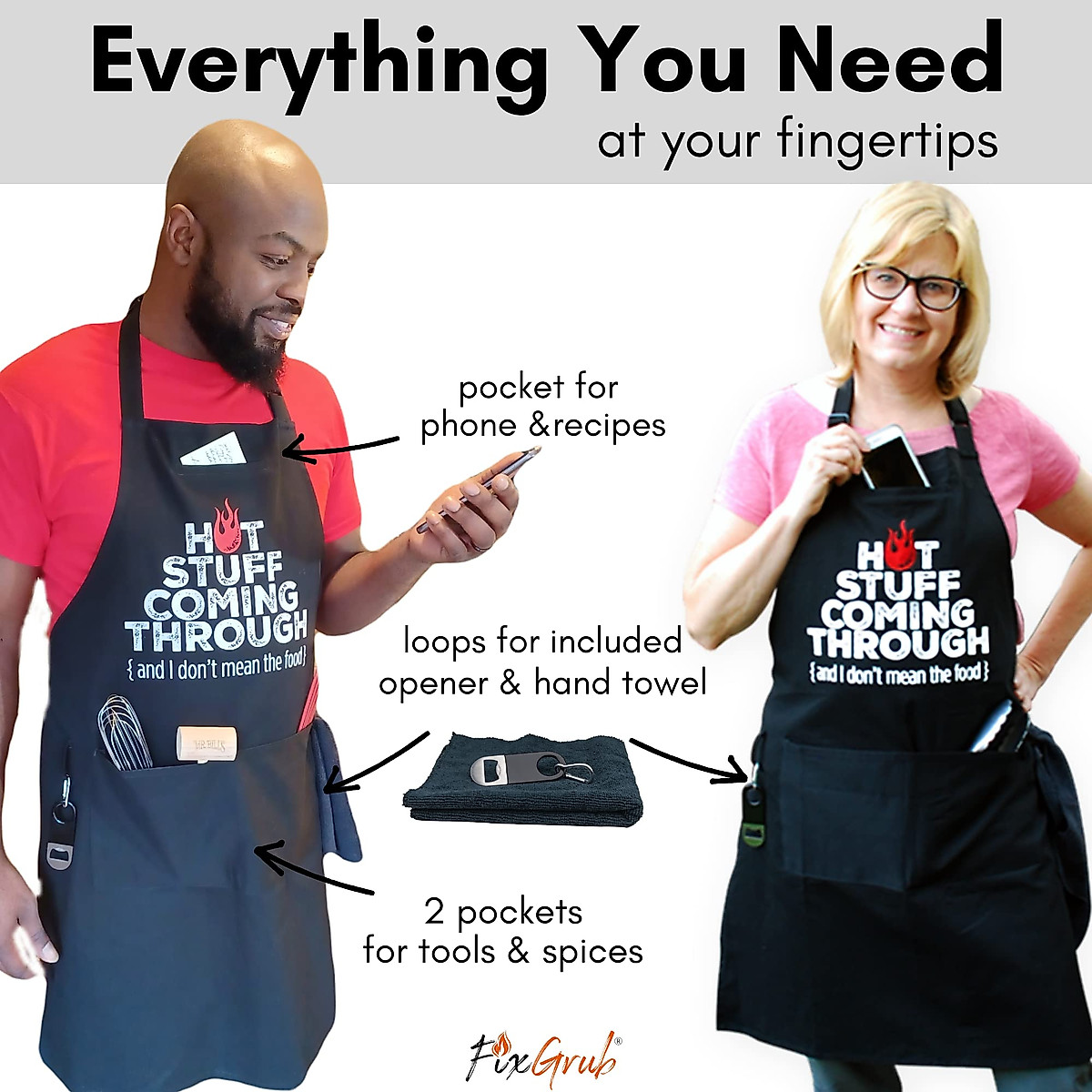 FixGrub Chefs Apron, Grill Apron, Funny Aprons for Men and Women, BBQ Apron, 3 Pockets, Bottle Opener, Towel and Gift Box Included