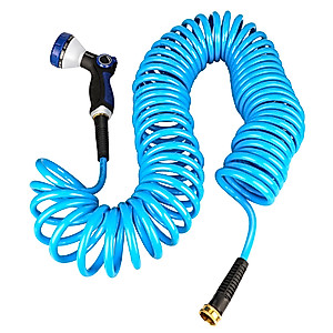 YOTOO Polyurethane Recoil Garden Hose 3/8 in. x 50 ft, Heavy Duty Garden Hose with Spray Nozzle, Bend Restrictor, G3/4" Swivel Solid Brass Fitting, Blue