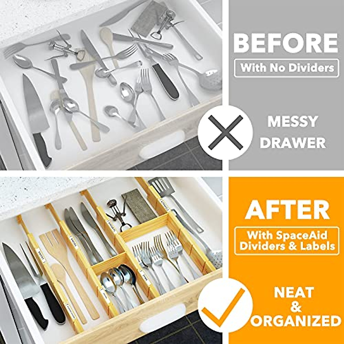 SpaceAid Bag Storage Organizer for Kitchen Drawer, (1 Box 4 Slots) Bamboo Drawer Dividers 6 Dividers with 12 Inserts (17-22 in), Inserts, 3 Sizes, 9 Pack