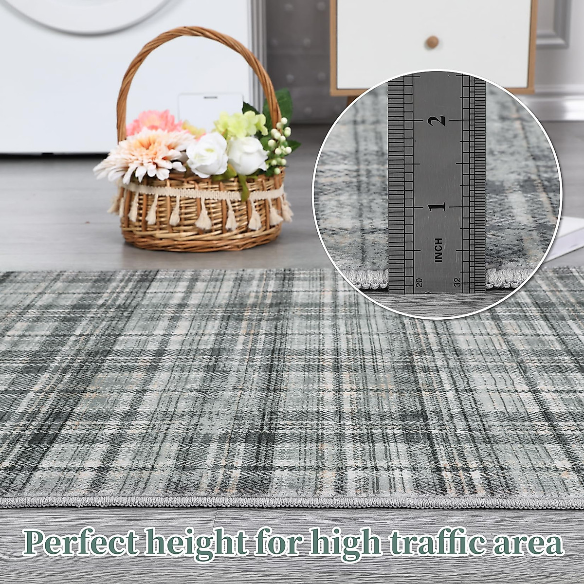 GlowSol Washable Rugs 5x7 Rug for Living Room Plaid Area Rug Non Slip Throw Rugs Bedroom Rugs Soft Rug No Shedding Floor Mats Modern Area Rugs for Entryway Dining Room Office Rug Greenish Grey 5'x7'
