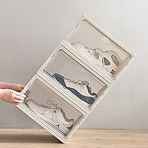NTZS Shoe Storage Boxes,Pack of 3 Stackable Shoe Organizer,Sturdy Foldable sneaker storage and Easy Assemble Shoe Containers Clear Plastic shoe bins with Lid for US Size 13(14.6”x 10.6”x 8.3”)