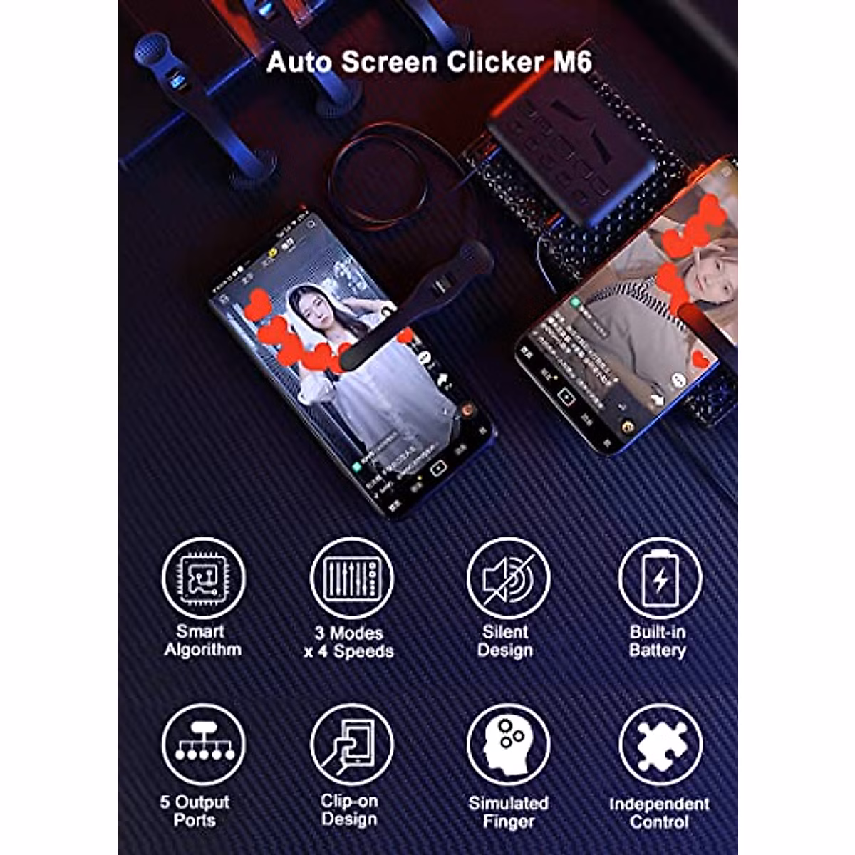 Auto Screen Clicker Device M6, Automatic Clip-on Phone Screen Tapper, Smart Adjustable Speed Simulated Finger Clicking for Games, Giving a like etc, has recording function (Support 5 Ports 10 Screens)