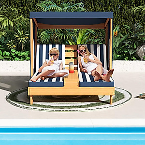Costzon Kids Lounge Chair Outdoor, Wood Double Seat Chaise Lounge with Canopy, Cup Holders, Cushion, Backrest Recliner, Kids Patio Furniture, Gift for Boys Girls 3-8 Years Old