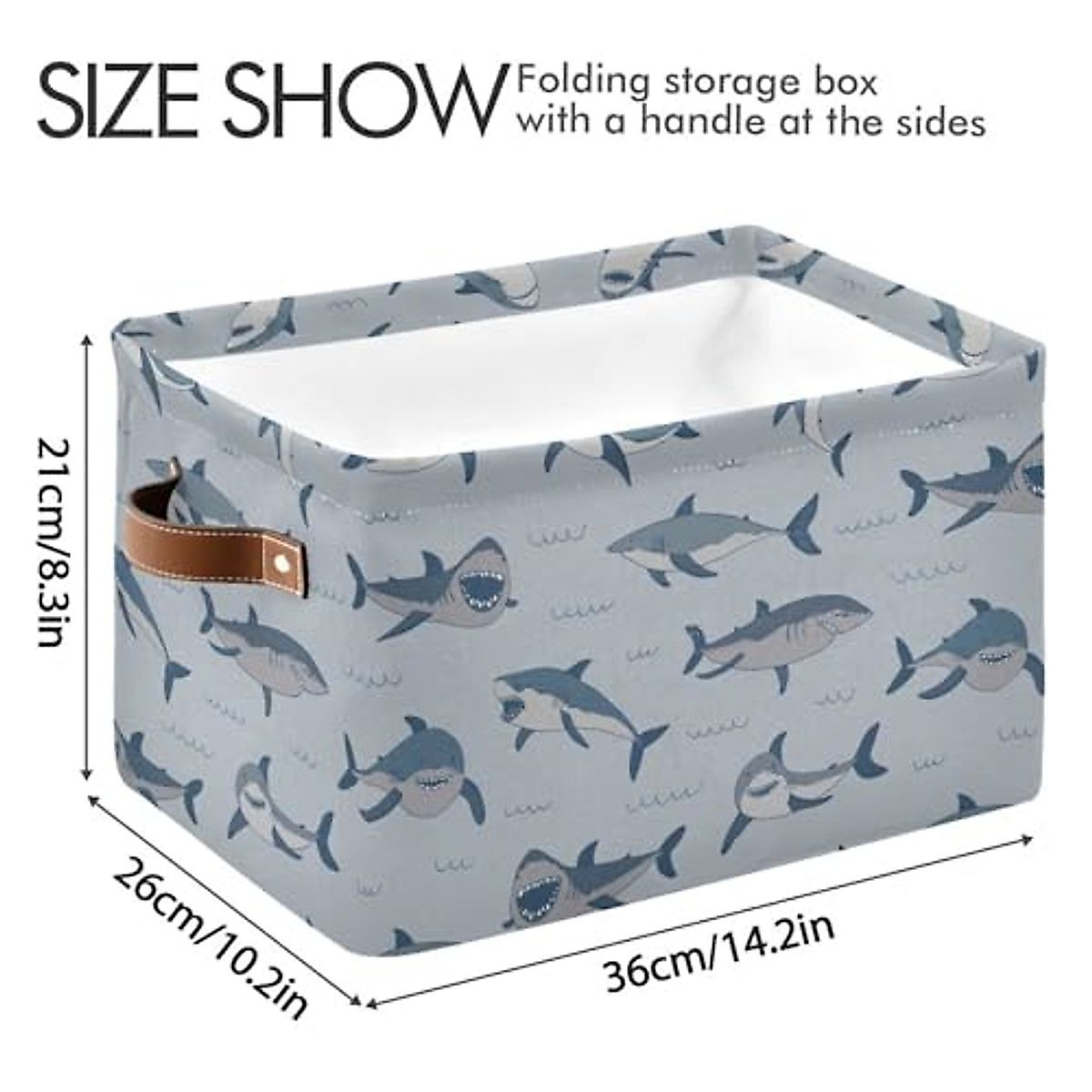 Hand Drawn Shark Storage Basket Bins Decorative Toy Laundry Basket Organization with Handles for Playroom Living Bed Room Office Clothes Nursery,2 pcs