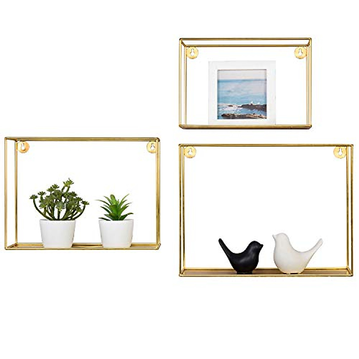 MyGift Wall Mounted Floating Shelf Display Organizer with Brass-Tone Metal Wire Frame, Set of 3 - Handcrafted in India