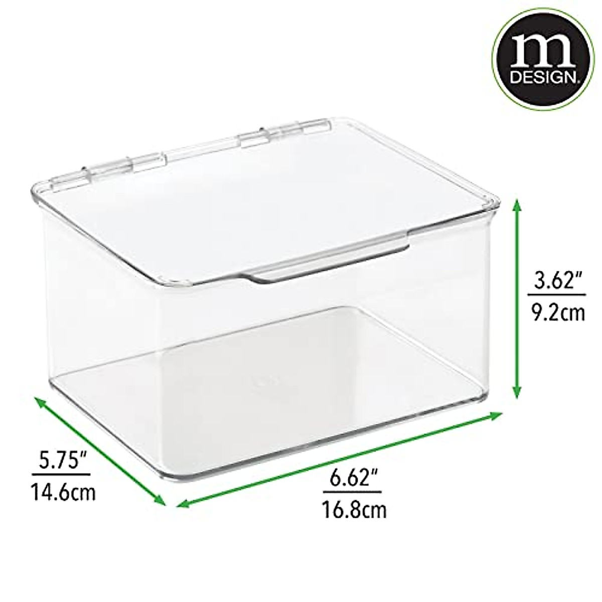 mDesign Plastic Kitchen Pantry and Fridge Storage Organizer Box Containers with Hinged Lid for Shelves or Cabinets, Holds Food, Snacks, Canned Drinks, Seasoning, Condiments, or Utensils, 2 Pack, Clear