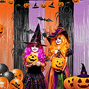 Halloween Party Decorations, 2 Pack Orange Purple Black Tinsel Foil Fringe Curtains, 3.3 x 6.6 FT Halloween Photo Booth Props,36 Pcs PVC Bat Spider Stickers Decals for Halloween Backdrop