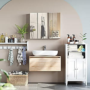 SHUANGZ Bathroom Medicine Cabinet with 3 Doors, 27.6 X 23.6 Inch Wall Mirror Cabinet Multipurpose Storage Organizer Adjustable Shelves, White