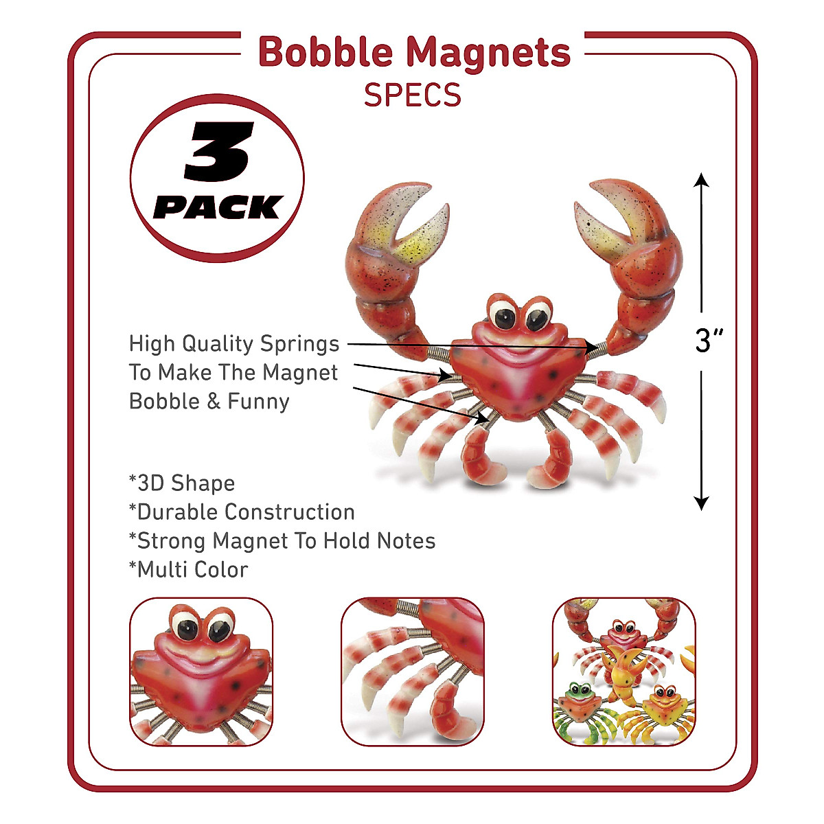 CoTa Global Cartoon Crab Refrigerator Bobble Magnets Set of 3 - Assorted Color Fun Cute Sea Life Animal Bobble Head Magnets For Kitchen Fridge, Home Decor, Cool Office and Decorative Novelty - 3 Pack