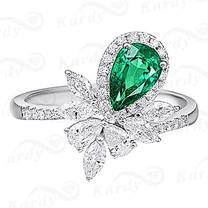 Gorgeous Natural Emerald Gemstone Pear Cut Diamond Solid 14K White Gold Engagement Wedding Promise Ring for Women
