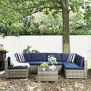Devoko 7 Pieces Wicker Patio Furniture Set Rattan Outdoor Furniture Sectional Sofa Backyard Furniture Outdoor Couch with Updated Metal Feet (Blue)