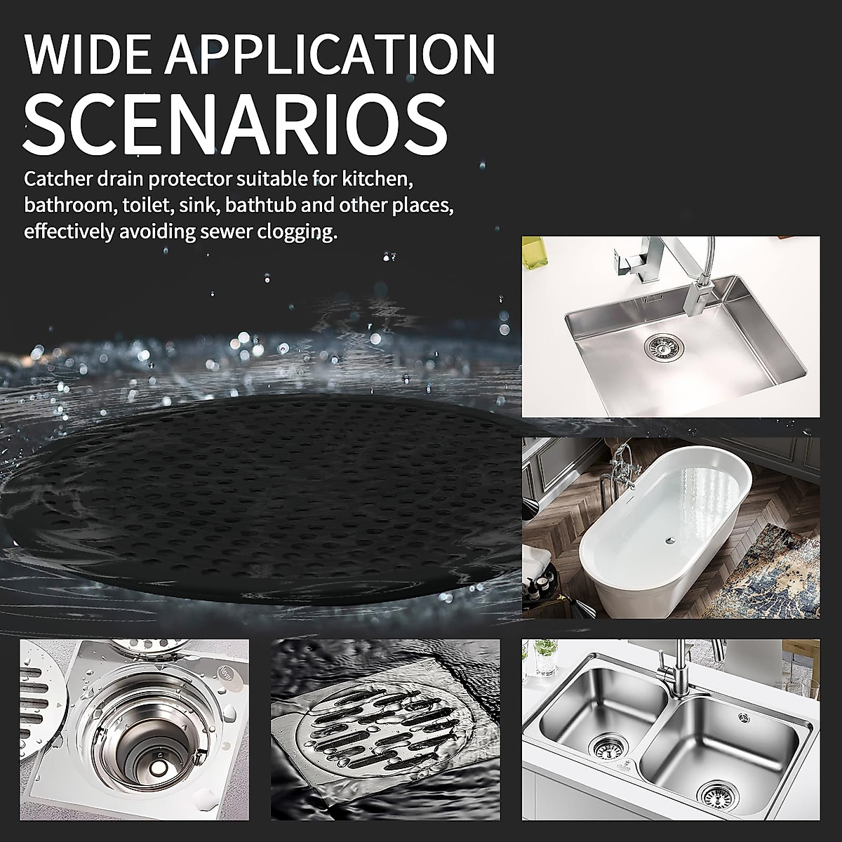 Jersvimc 2Pcs Satinless Steel Shower Drain Hair Cacher with Silica Gel, Black Shower Drain Strainer Bath Shower Drain Cover - 4.75"(120mm) Hair Stopper Floor Drain Protector