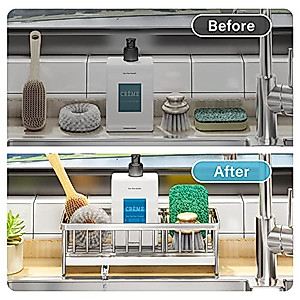 Sponge Holder for Kitchen Sink, Sink Caddy, Rustproof 304 Stainless Steel Dish Sponge Organizer with Divider, Soap Dish Dispenser Brush Holder Storage, Silver