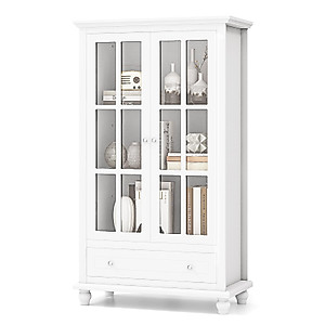 Giantex 55" White Bookcase with Doors and Drawer, Tall Wooden Bookshelf Organizer with Adjustable Shelves, Freestanding Glass Display Storage Cabinet for Living Room Bedroom Kitchen Pantry