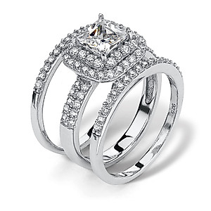PalmBeach Platinum-plated Sterling Silver Princess Cut Cubic Zirconia Halo 3 Piece Bridal Ring Set Sizes 5-10 Size 7
