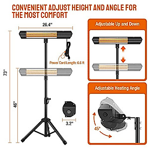 SIEANE Outdoor Patio Heater Electric Carbon Infrared Wall Mounted/Ceiling/Tripod 1500W Adjustable Temperature Instant Warm Heater with Remote Control IP65 Waterproof Heater for Garage Backyard