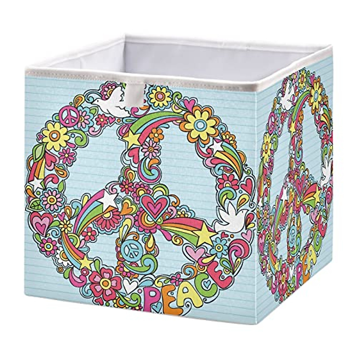 ALAZA Peace Sign Flower Floral Striped 11 Inch Cube Storage Bin Organizer Foldable Basket for Closet Cabinet Shelf Office